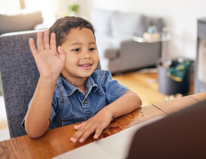 Happy Boy, Laptop and Waving in Video Call for Elearning, Education or ...