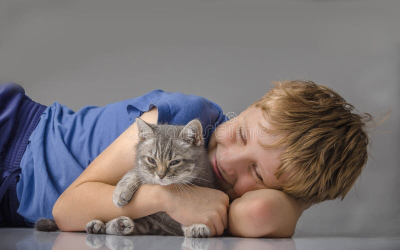Happy Boy with Little Kitten Stock Photo - Image of purebred, feeding ...