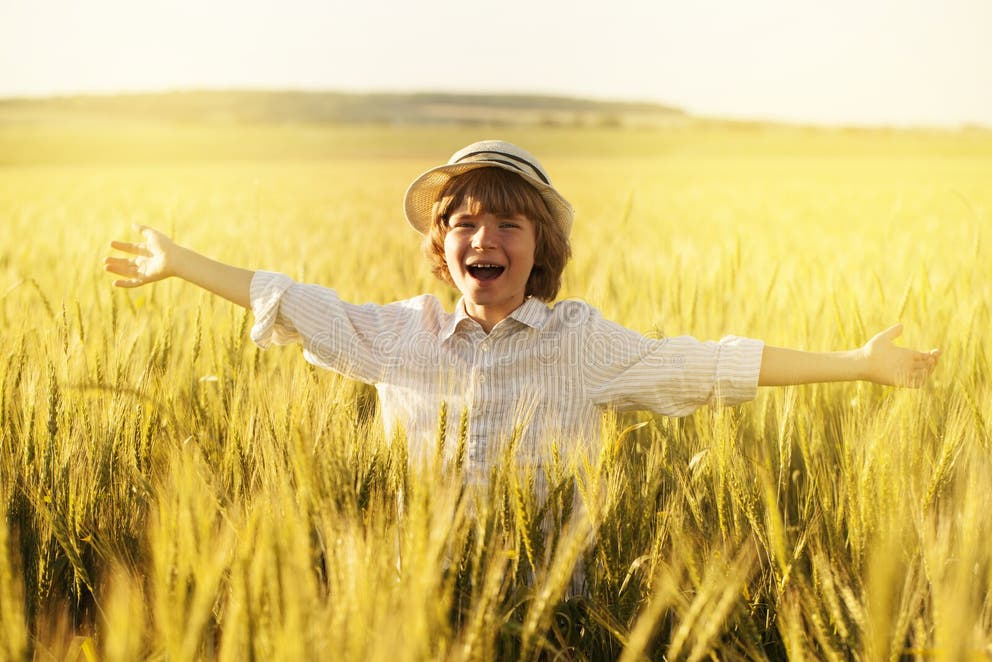 Happy Boy in the Middle of Wheat Field Stock Image - Image of country ...