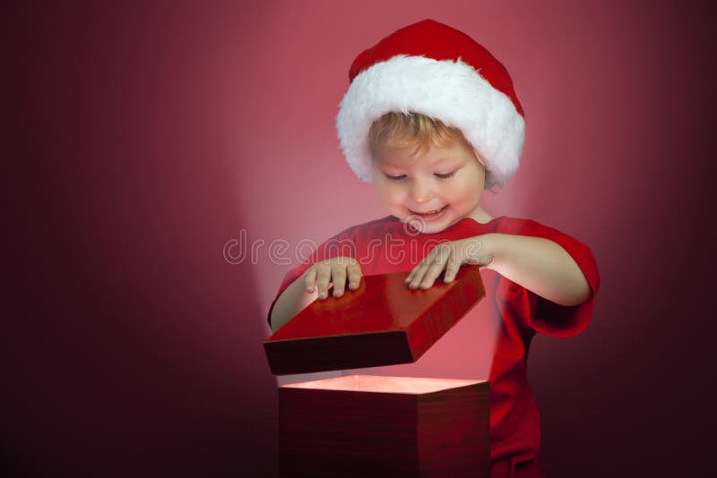 Happy Boy Open Christmas Gift-box Stock Photo - Image of people, season ...