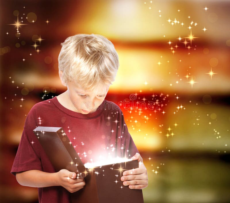 Happy Boy Opening a Gift Box Stock Photo - Image of happiness, glitter ...
