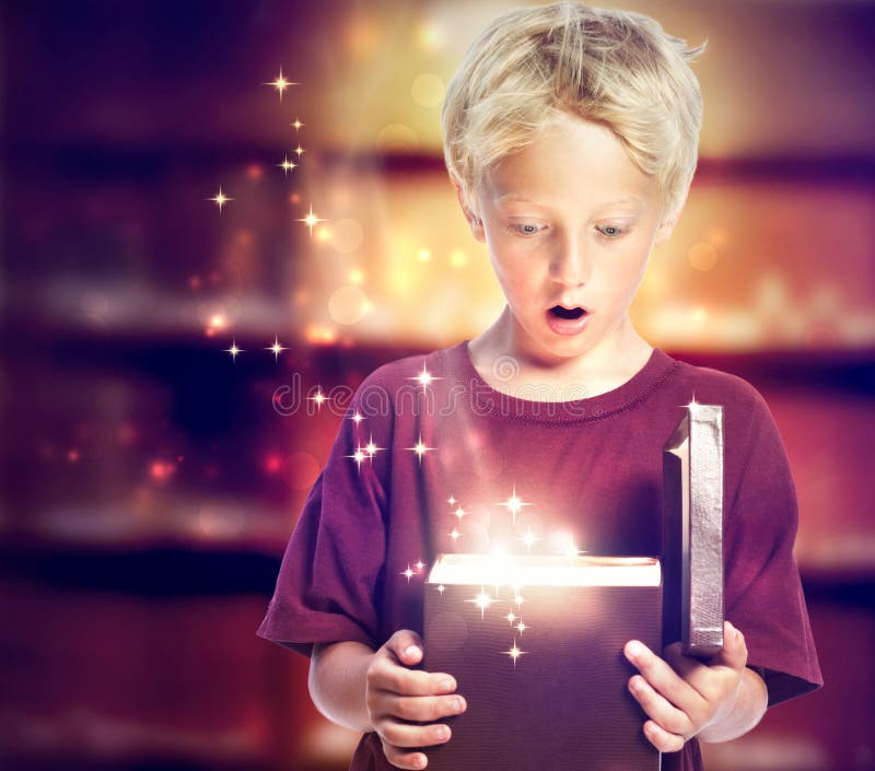 Happy Boy Opening a Gift Box Stock Image - Image of fairy, face: 26470573