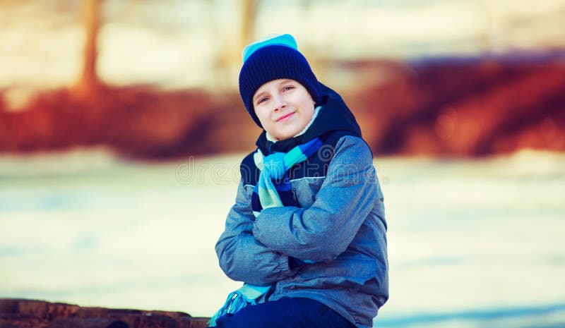 Happy Boy Outdoor in Winter Stock Photo - Image of casual, outsides ...