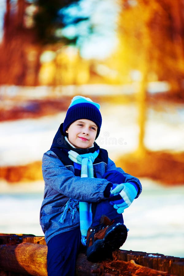 Happy Boy Outdoor in Winter Stock Photo - Image of forest, male: 127880036