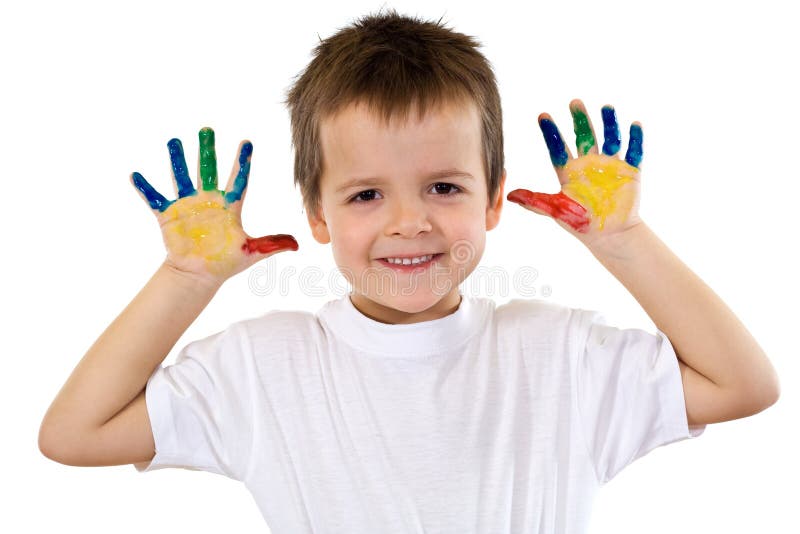 Happy Smiling Boy with a Painted Hands. Stock Image - Image of happy ...