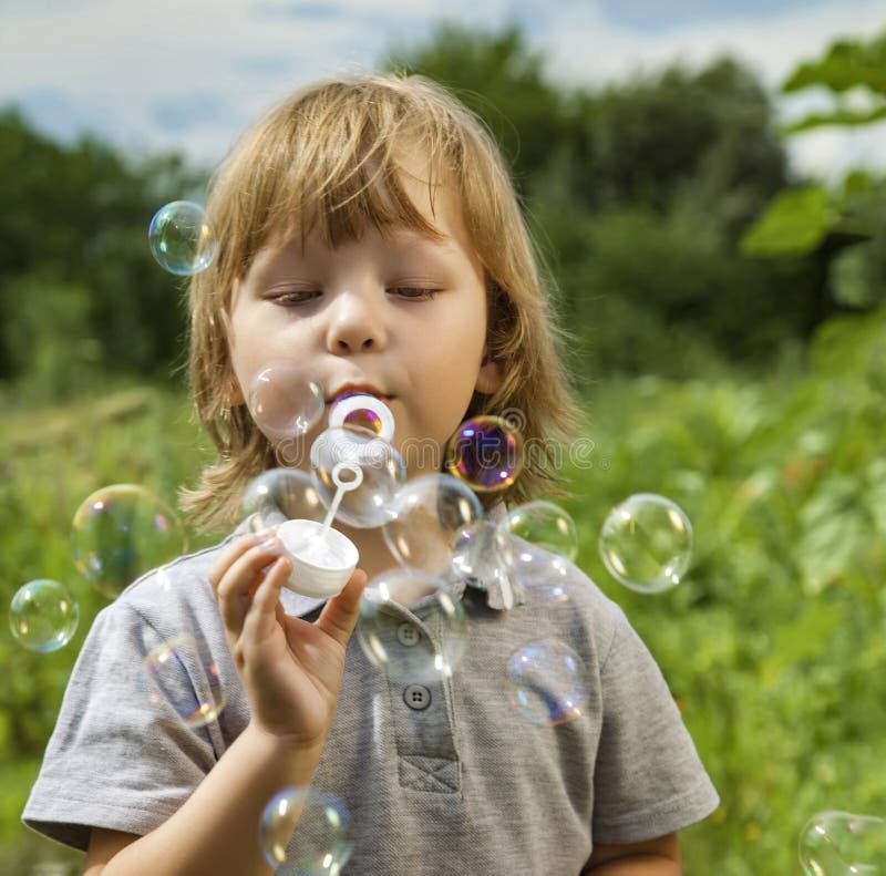 Happy Boy Play in Bubbles in Field Sunny Summer Day Stock Photo - Image ...