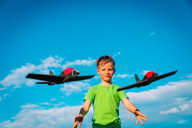 Happy Boy Play Flying Toy Planes at Sky Stock Photo - Image of ...
