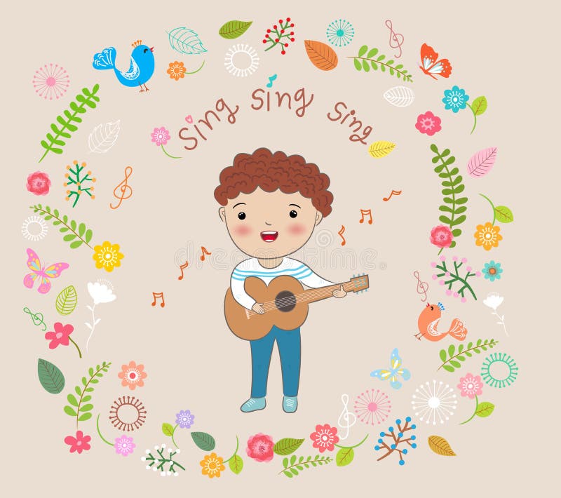 Happy Boy Playing Guitar and Sing a Song Illustration Stock ...