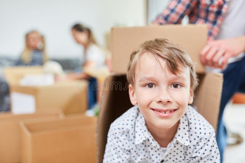 Happy Boy is Playing with Moving Box Stock Image - Image of smile, pack ...