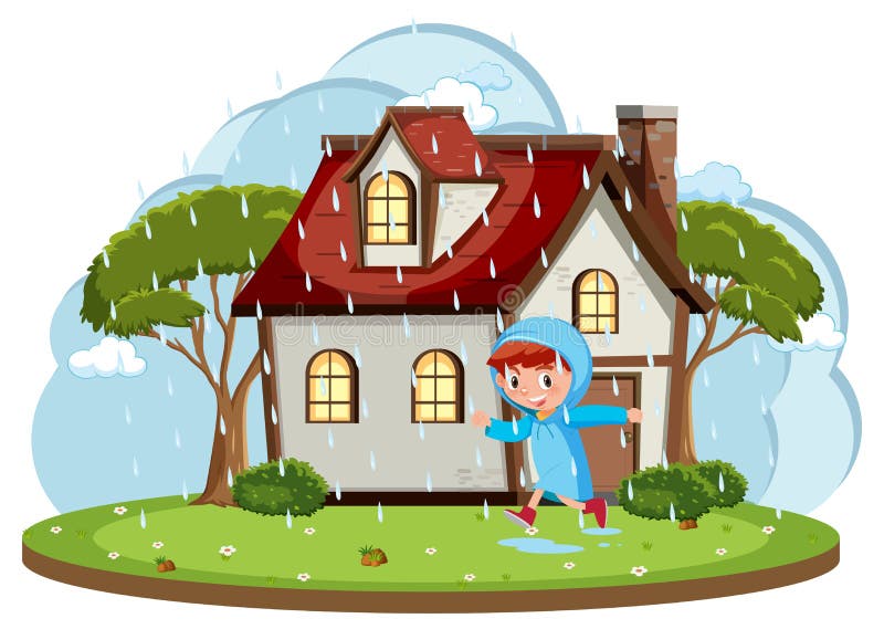 Happy Boy Playing Raining in Front of House Cartoon Stock Vector ...