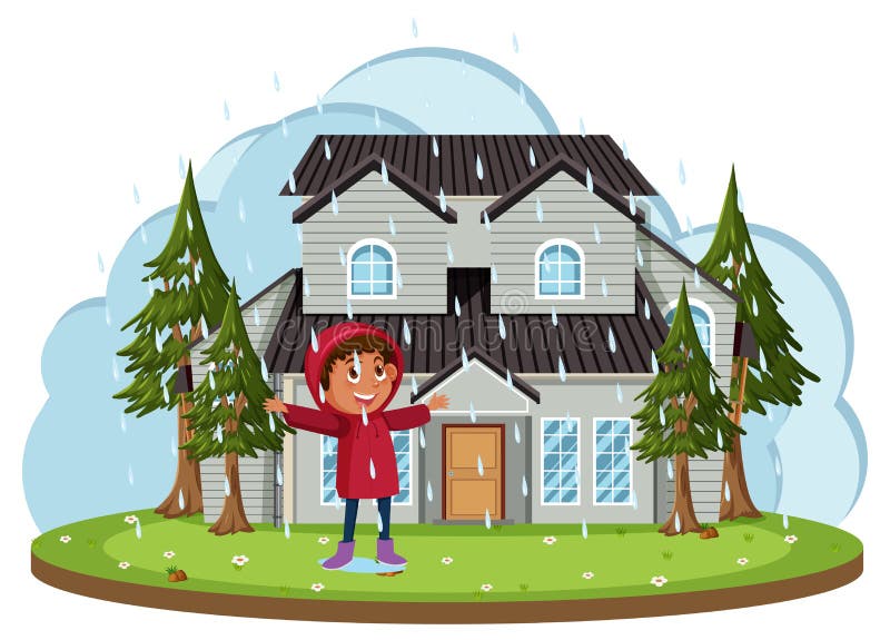 Happy Boy Playing Raining in Front of House Cartoon Stock Vector ...
