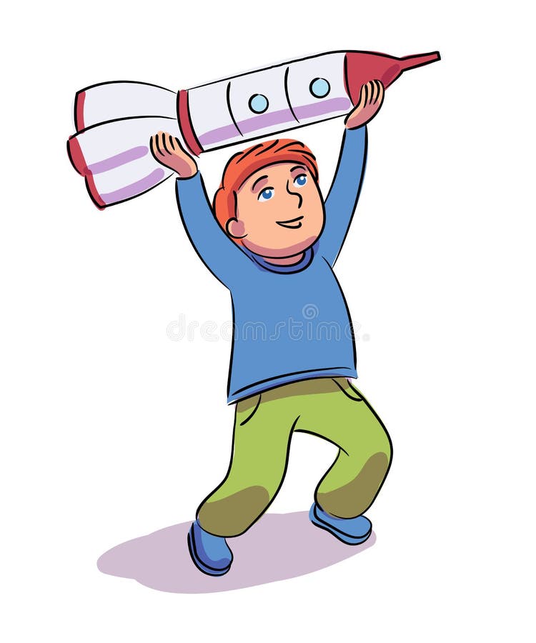 Happy Boy Playing with Toy Rocket. Smiling Cute Funny Child. Vector ...