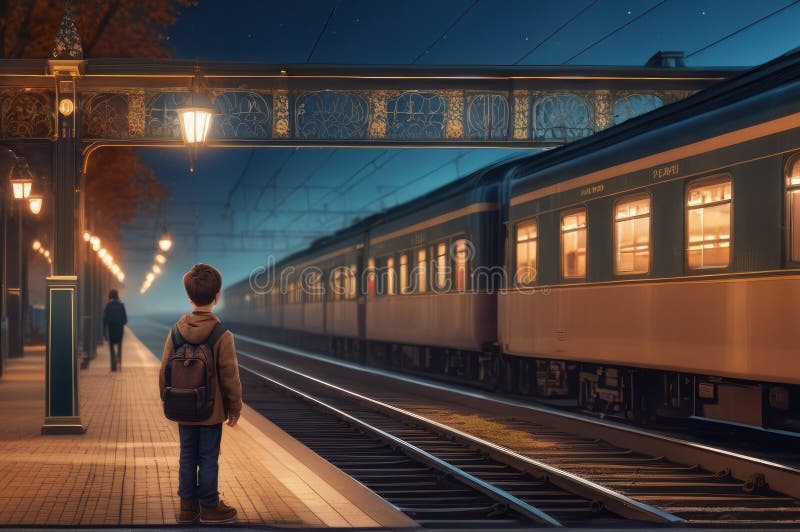 Happy Boy on Railway Station Perron at Fall Night. Travelling and ...
