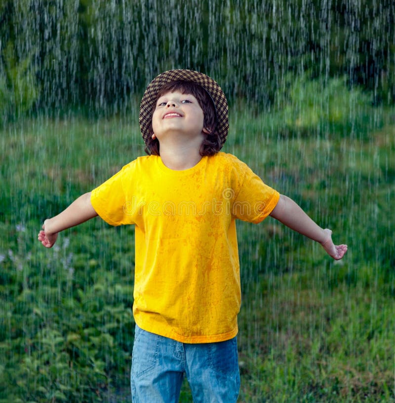 Happy Boy in Rain Summer Outdoors Stock Image - Image of people, person ...