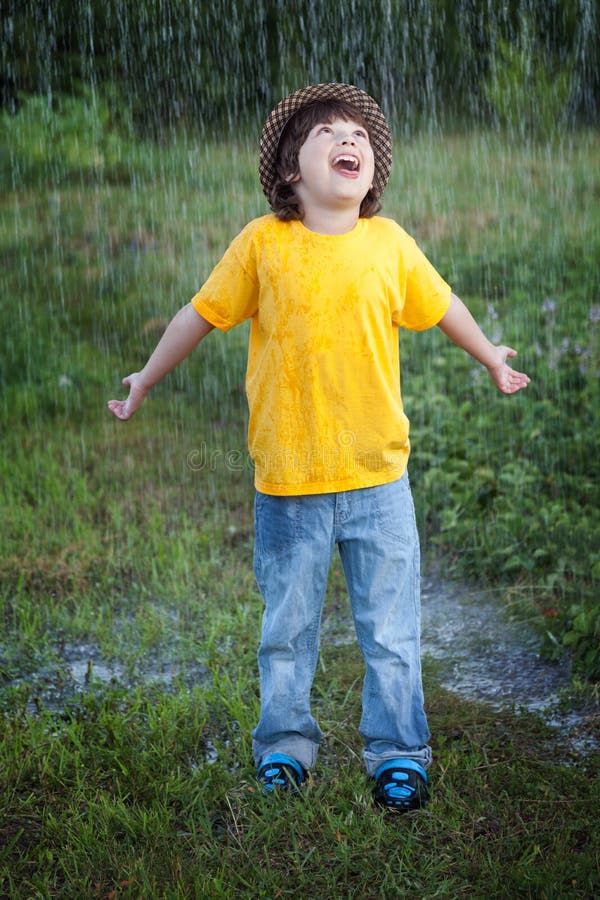 Happy Boy in Rain Summer Outdoors Stock Image - Image of people, person ...