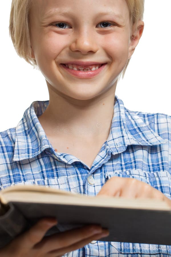 Happy boy reading book stock photo. Image of blond, school - 35081698