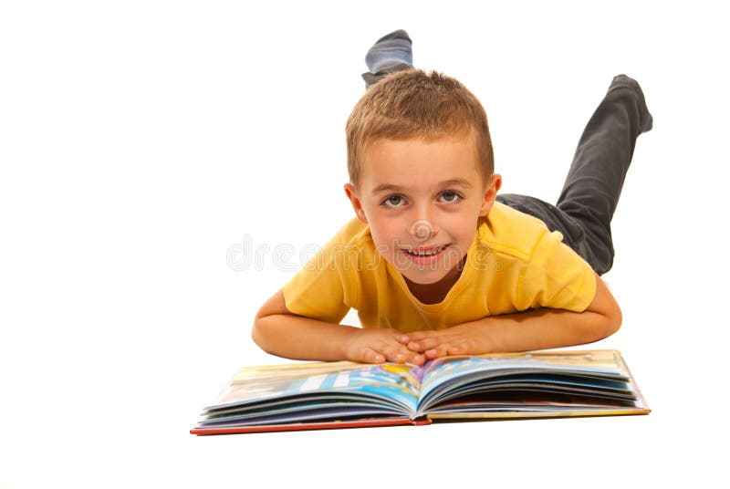 Little Cute Boy is Reading a Book and Imagining Himself a Hero Stock ...