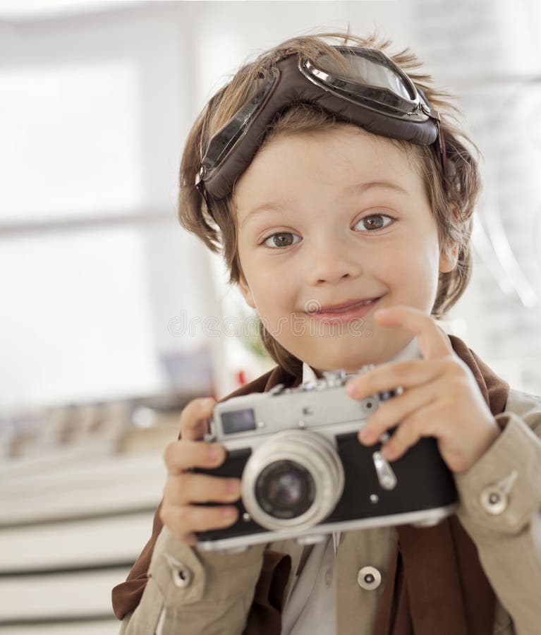 Happy Boy with Retro Camera Indoors Stock Photo - Image of little, face ...