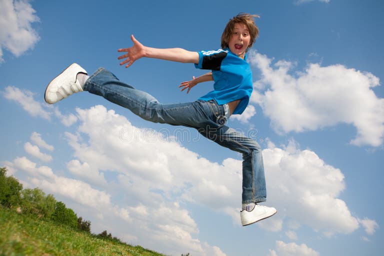 Happy Boy Run Against Beautiful Sky Stock Image - Image of childhood ...