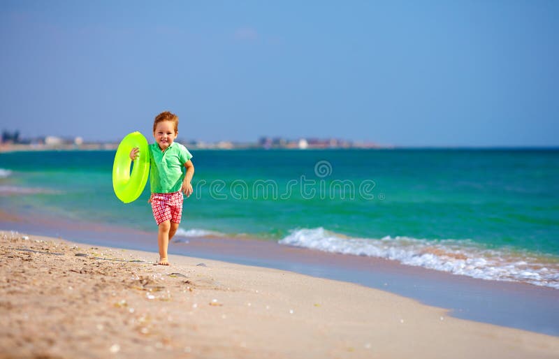 Happy Boy Running the Beach, Expressing Delight Stock Image - Image of ...