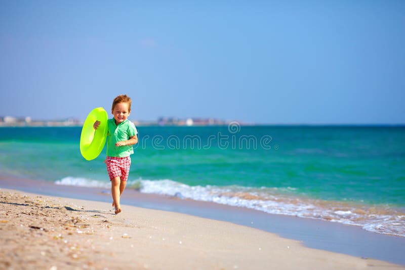 Happy Boy Running the Beach, Expressing Delight Stock Image - Image of ...