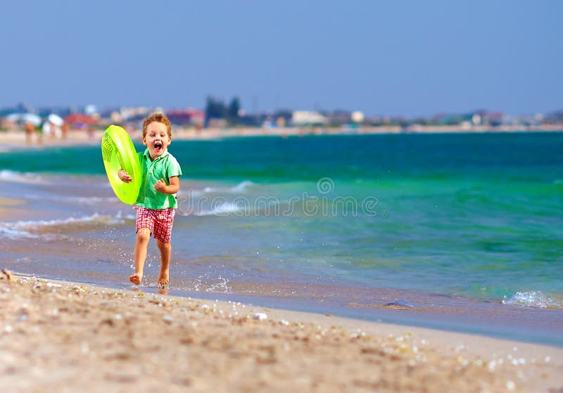 Happy Boy Running the Beach, Expressing Delight Stock Image - Image of ...