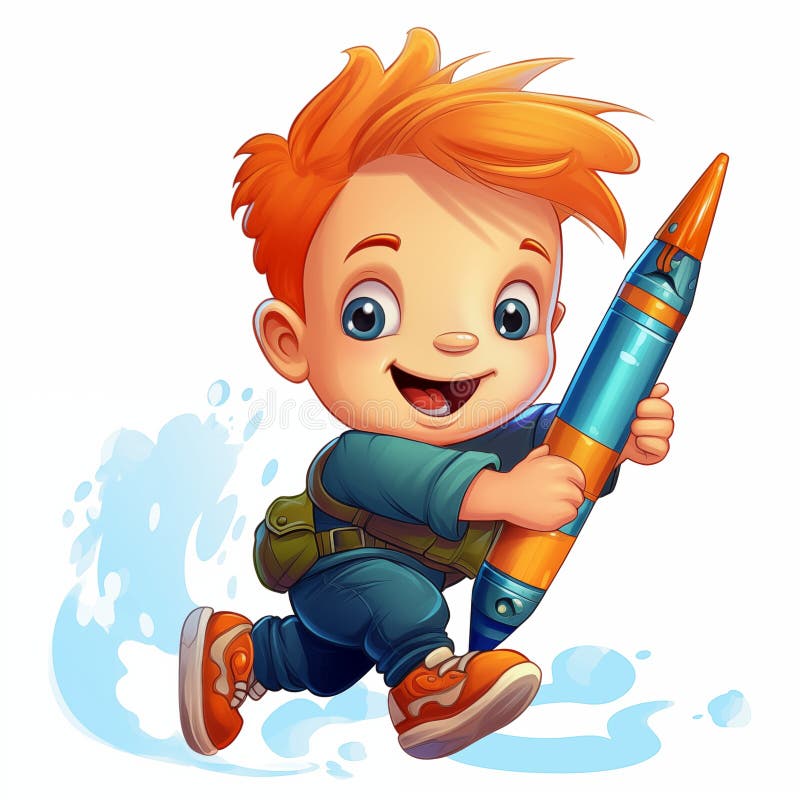 Happy Boy Running with a Giant Crayon in Hand Stock Illustration ...