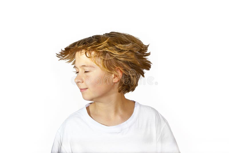Happy boy shaking his hair stock photo. Image of cute - 62728676