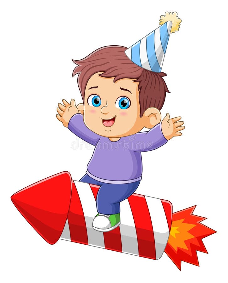 The Happy Boy is Sitting on the Fast Firework Rocket on the New Year`s ...