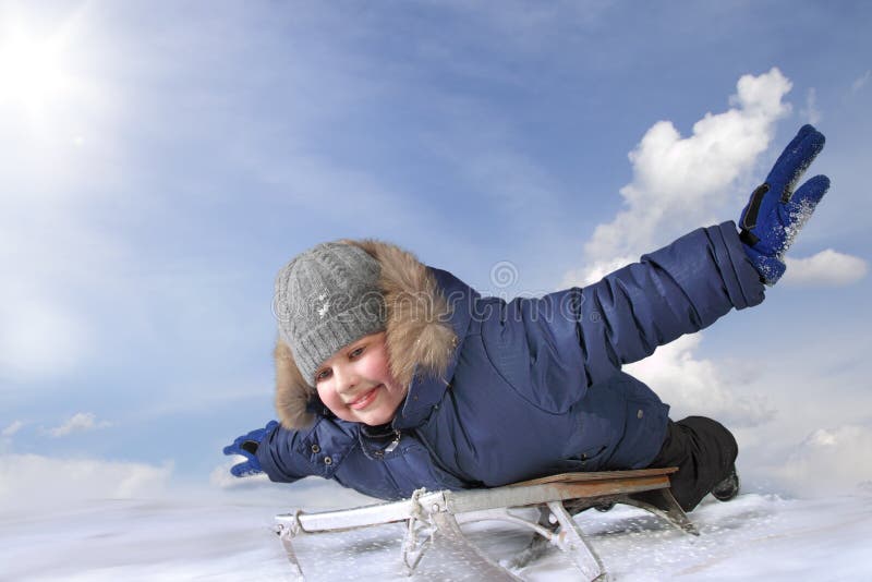 Happy boy on sled stock image. Image of child, enjoyment - 34163845