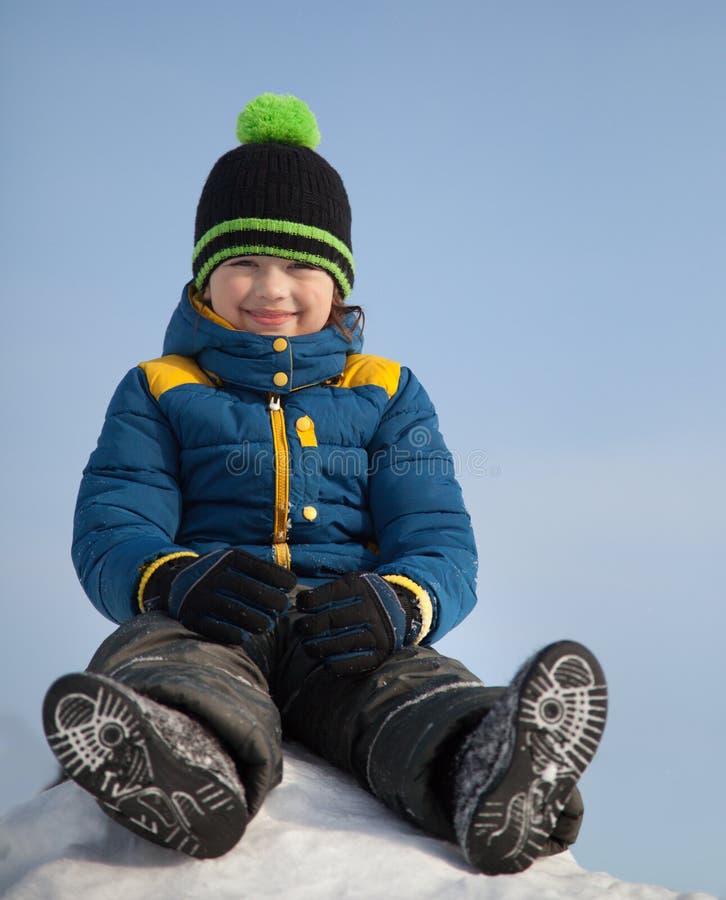 Happy Boy in Snow Play and Smile Sunny Day Outdoors Stock Photo - Image ...