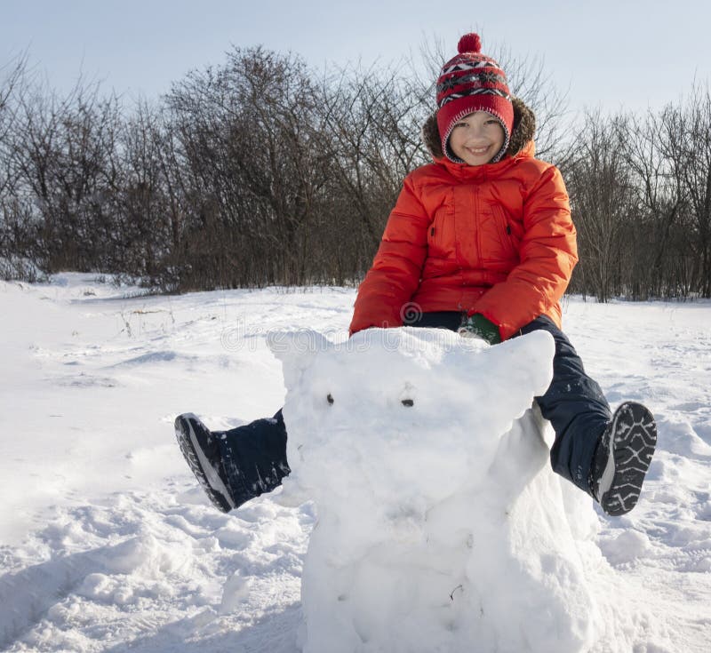Happy Boy in Snow Play and Smile Sunny Day Outdoors Stock Photo - Image ...
