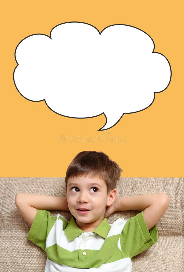 Happy Boy on Sofa and Speech Bubble Stock Image - Image of thought ...