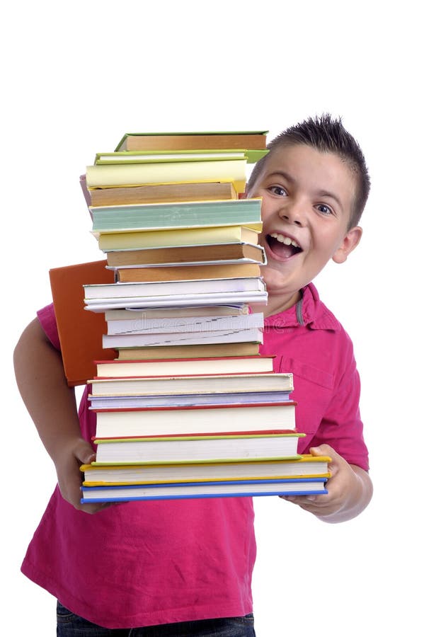 Happy Boy with Stack of Books in a Classroom Stock Image - Image of ...