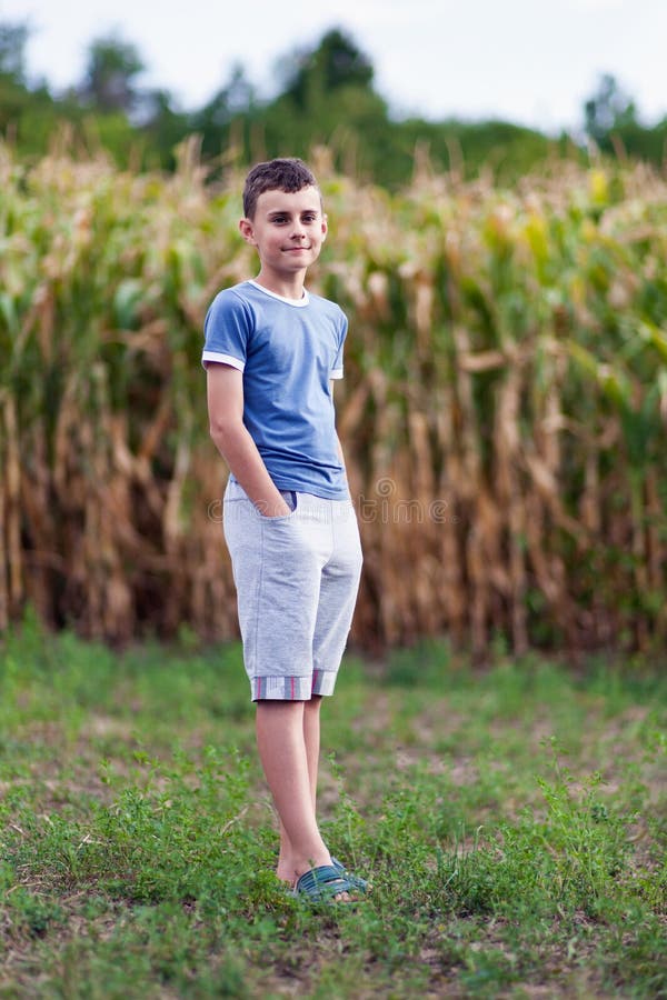 Happy Boy Standing Near a Corn Field Stock Photo - Image of childhood ...