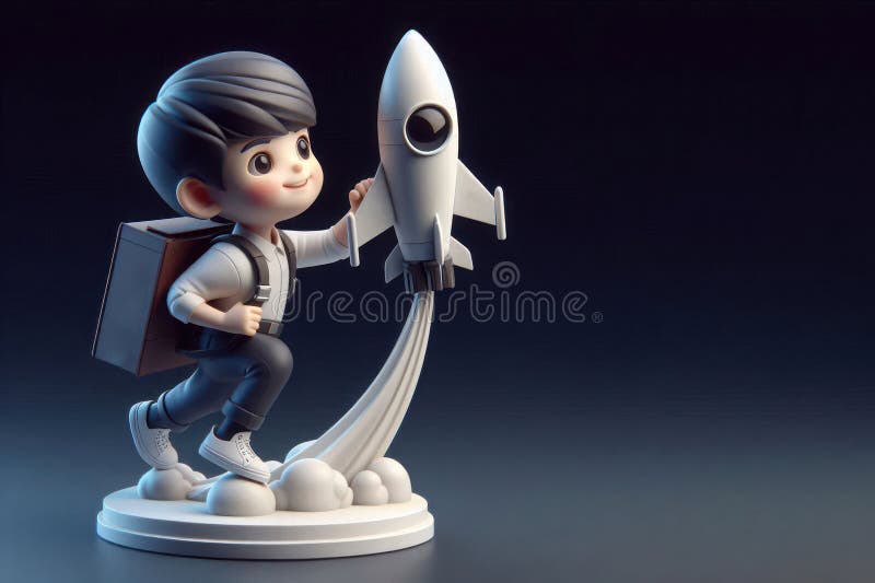 Happy Boy Standing Near a Model Rocket. Space for Text. Stock ...