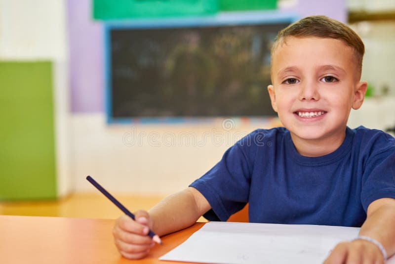 Happy Boy Studying in Elementary School Stock Image - Image of ...
