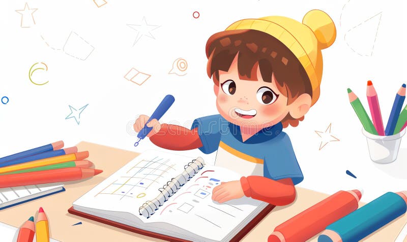 Happy Boy Studying and Writing in Notebook Stock Image - Image of male ...