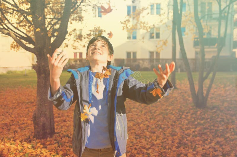 Happy Boy Throwing Autumn Leaves Stock Image - Image of feeling, forest ...