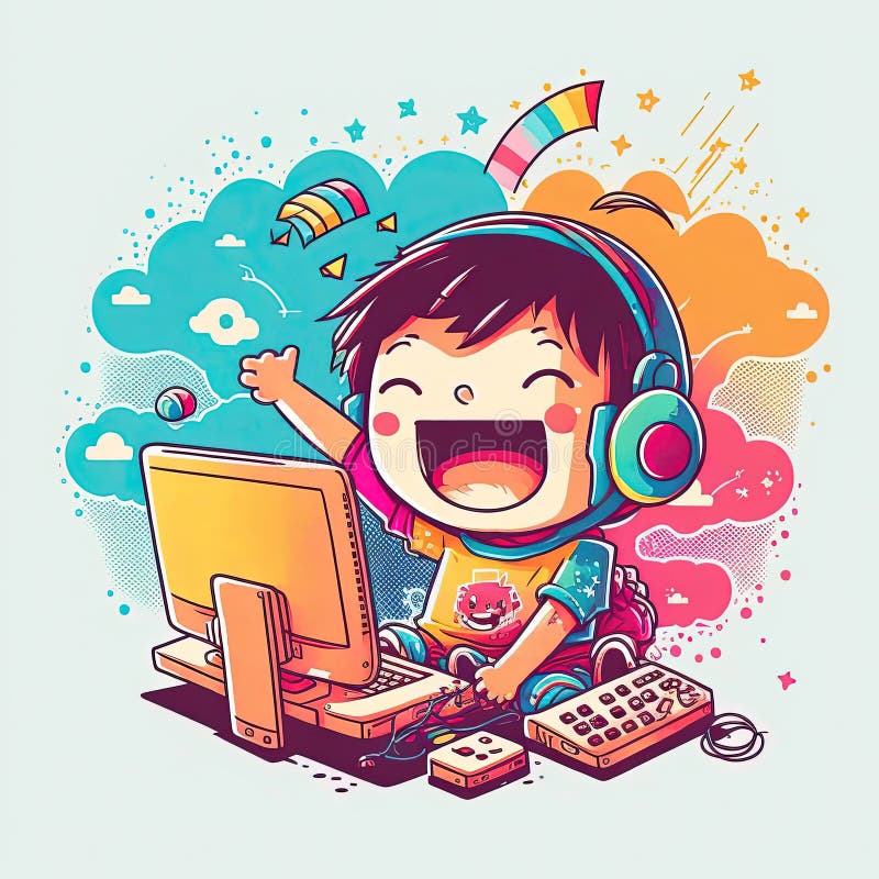 Happy Boy Using Computer and Technology in Colorful Cartoon Style ... Happy Boy Using Computer and Technology in Colorful Cartoon Style ...