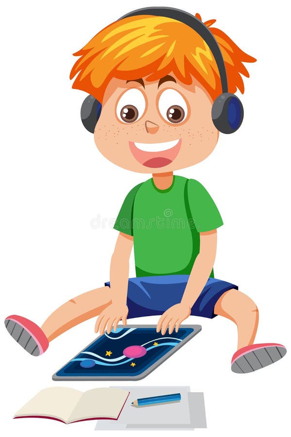 Happy boy using tablet stock vector. Illustration of education - 255523914