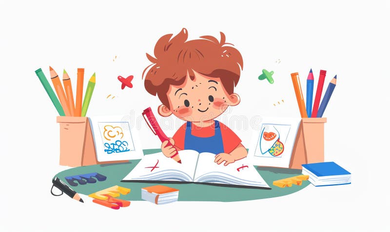 Happy Boy Writing in Notebook. Education and Creativity Concept Stock ...