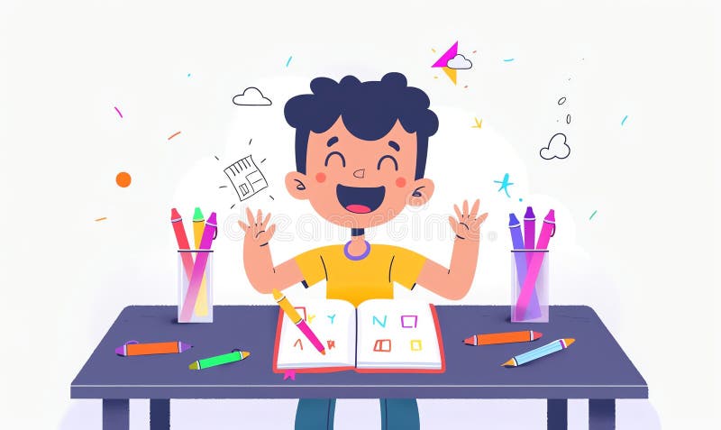 Happy Boy Writing in Notebook. Education and Creativity Concept Stock ...