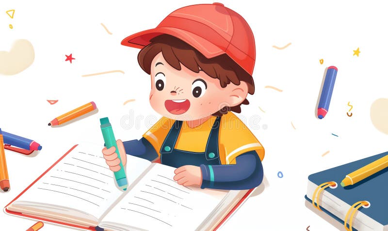Happy Boy Writing in Notebook. Education and Creativity Concept Stock ...