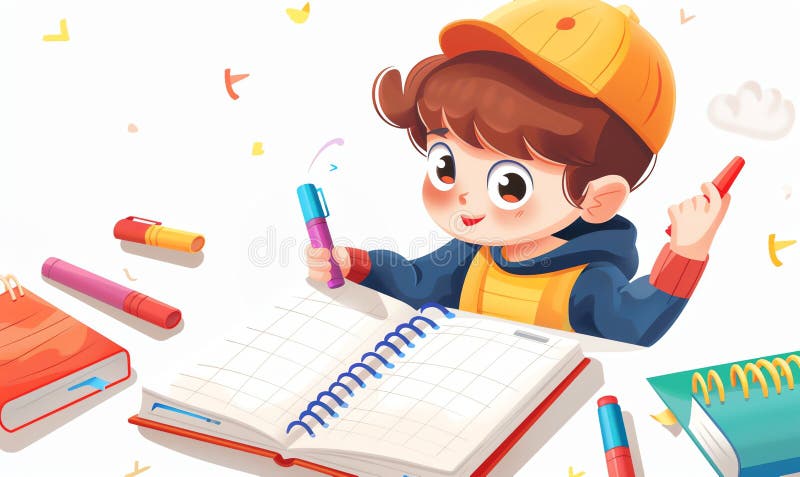 Happy Boy Writing in Notebook. Education and Creativity Concept Stock ...
