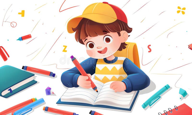 Happy Boy Writing in Notebook. Education and Creativity Concept Stock ...