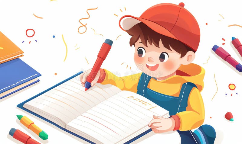 Happy Boy Writing in Notebook. Education and Creativity Concept Stock ...