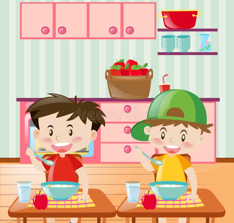 Happy Boys Having Breakfast in Kitchen Stock Illustration ...