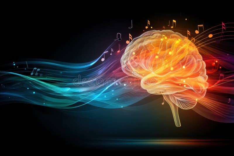 Happy Brain Icon with Flowing Light and Music Notes Creating a Joyful ...