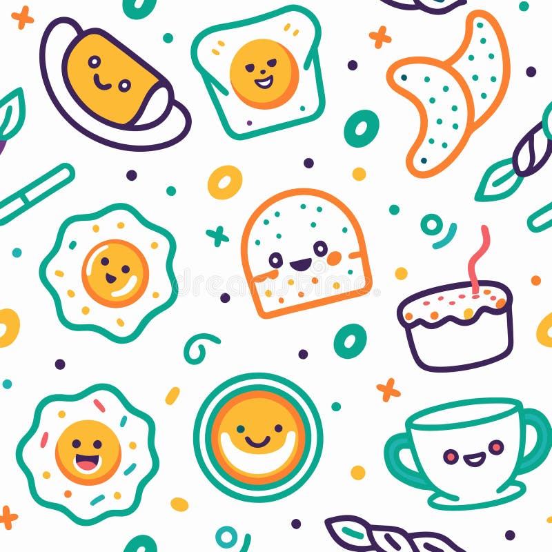 Happy Breakfast Food Seamless Pattern Stock Vector - Illustration of happy, morning: 353588179